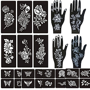Henna Tattoo Stencils for Women,Black Henna Tattoo Templates Flowers Butterflies Reusable Large Size DIY Tattoo Kit,Body Art Stencils for Women and Teen Girls…