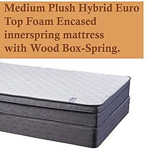 Continental Sleep Medium Plush Foam Encased Hybrid Eurotop Pillowtop Innerspring Mattress and 4" Wood Low Profile Boxspring/Foundation Set, Full, Grey and White
