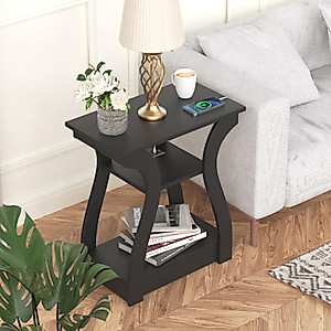 FROMJBEST End Table Set of 2 with Charging Station, Side Table with USB Ports and Outlets, Nightstand, 3 Tier End Table with Storage Shelf for Living Room, Bedroom(Black Set of 2)