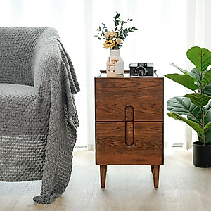 Cttasty Mid Century Modern Nightstand, Solid Wood Night Table, Minimalist Nightstand, Side Table for Bedroom, 2-Drawer Bedside Tables, Narrow Oak End Table Easy Installation (Walnut, 11.81inches)