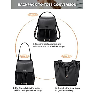 LOVEVOOK Backpack Purses for Women, Tote Bag Convertible PU Leather Backpacks, Fashion Handbag Satchel Bags Casual Back Pack 14 Inch Laptop Backpacks 2PCS, Black