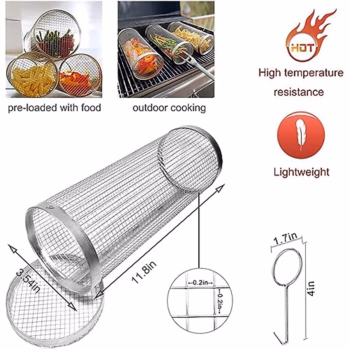 Rolling Grilling Basket-Grill Basket 2 PCS-BBQ Grill Basket, Stainless Steel Grill Mesh Barbeque Grill Accessories, Portable Grill Baskets for Outdoor Grill for Fish, Shrimp, Meat, Vegetables, Fries (3.54 x 3.54 x 11.8 inch)