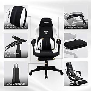Vigosit Gaming Chair with Footrest, Fabric Gamer Chair with Lumbar Support Pillow, Computer Game Chairs for Adults, Big and Tall Office Chair Gaming 300LBS (Black White)