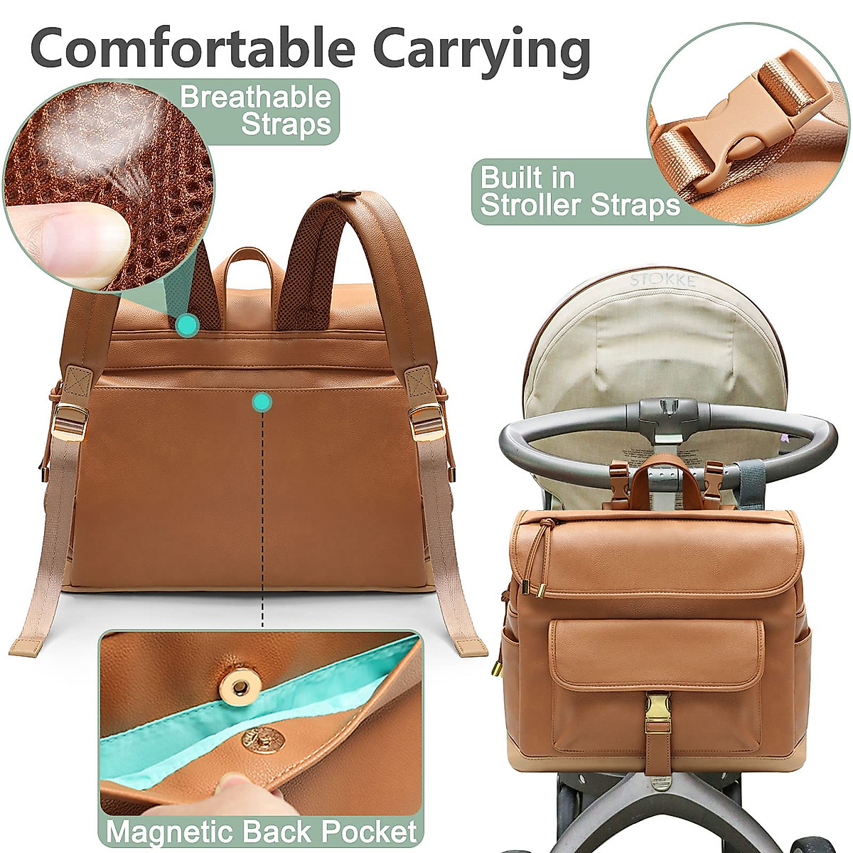 MOMINSIDE Diaper Bag Backpack, 12 Pockets Leather Mini Diaper Bag, Baby Bag Backpack, Baby Registry Search, 4 Insulated Pockets, Changing Pad, Stroller Straps(Brown)