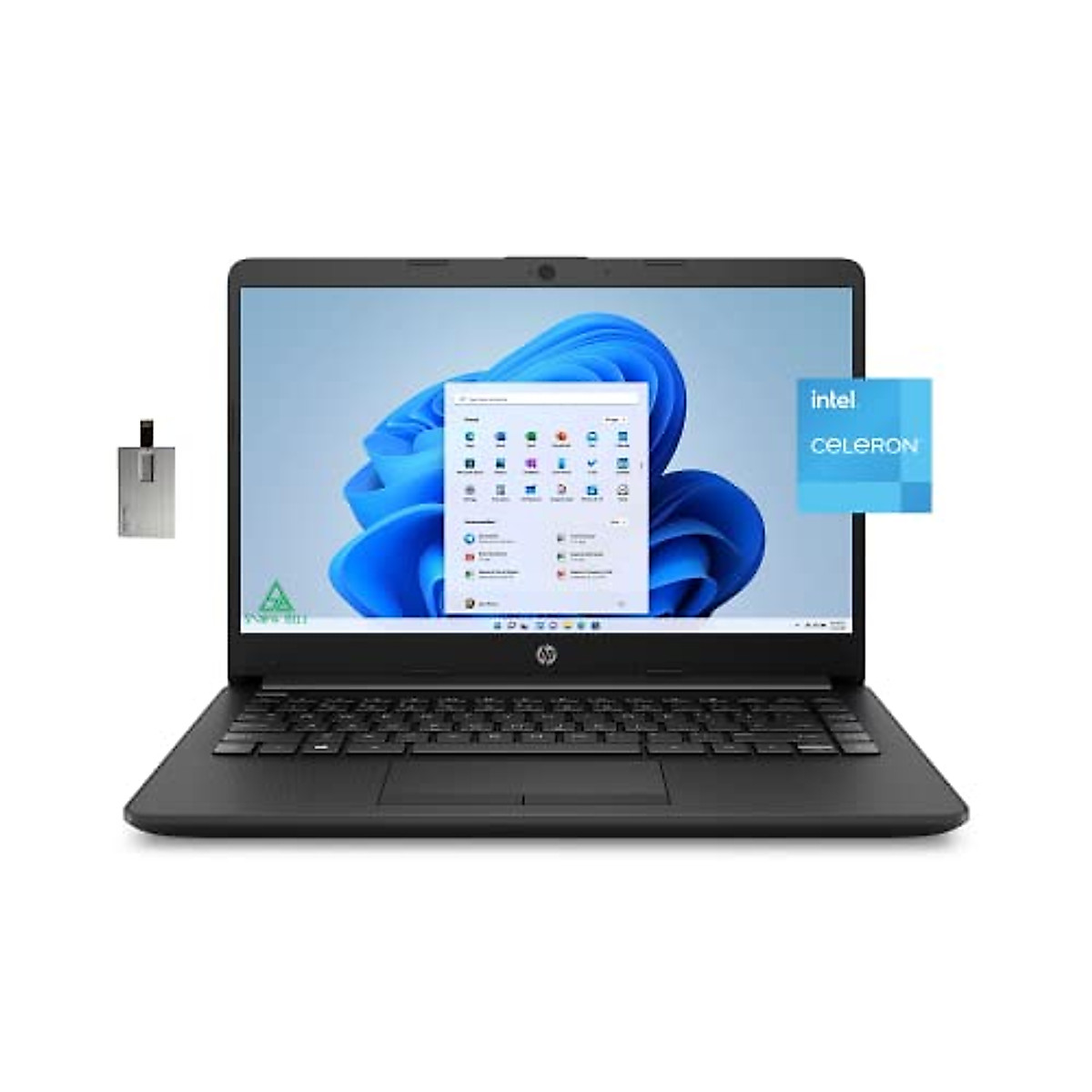 HP 2022 Stream 14" HD laptop, Intel Celeron N4120 Processor, 8GB RAM, 64GB eMMC Storage, HD Webcam, HDMI, Wi-Fi, Bluetooth, Black, Office 365 1-year, Windows 11 S, 32GB SnowBell USB Card