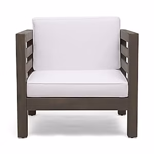 GDFStudio Outdoor Acacia Wood Club Chair with Cushion, Gray Finish and White