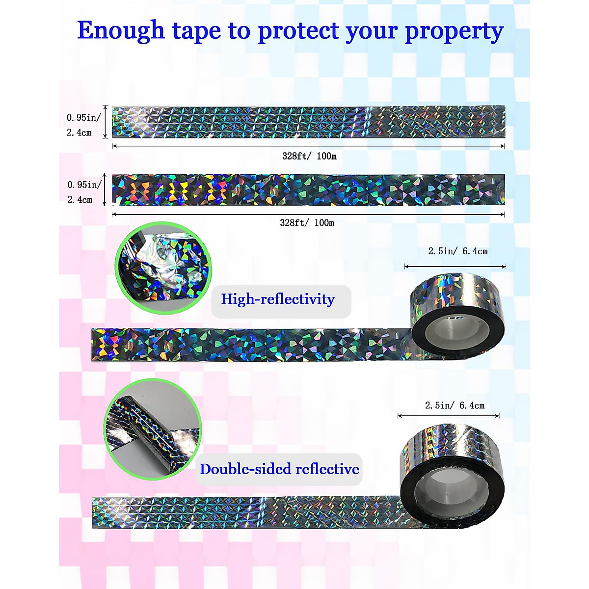 Whtawtaw 2 Rolls 328 FT Bird Scare Tape Ribbon, Deterrent Visual Audible Reflective Tape to Keep Away Birds, Holographic Double Sided Flash Tape for Outdoor, Garden, Balcony