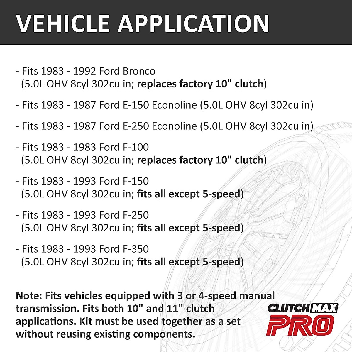 ClutchMaxPRO Performance Stage 5 Clutch Kit with Flywheel Compatible with 1983-1993 Ford F100 F150 F250 F350 1983-1987 E150 E250 Econoline 1983-1992 Bronco 5.0L (CP07132HDD-FW167710-ST5)