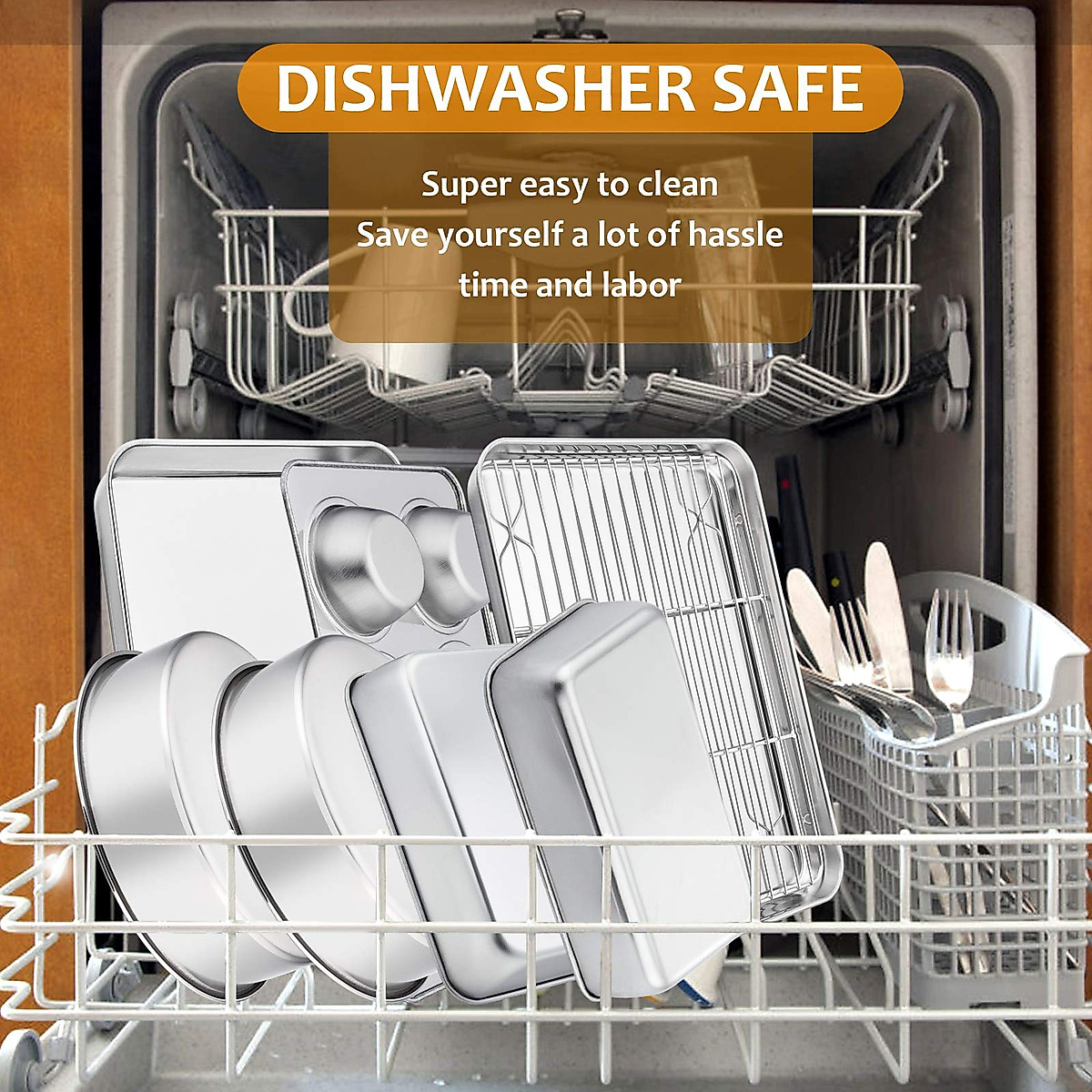 E-far Stainless Steel Bakeware Set, Metal Baking Pan Set of 9, Include Round/Square Cake Pans, Rectangle Baking Pan with Lid, Loaf Pan, Muffin Pan, Cookie Sheet with Rack, Dishwasher Safe