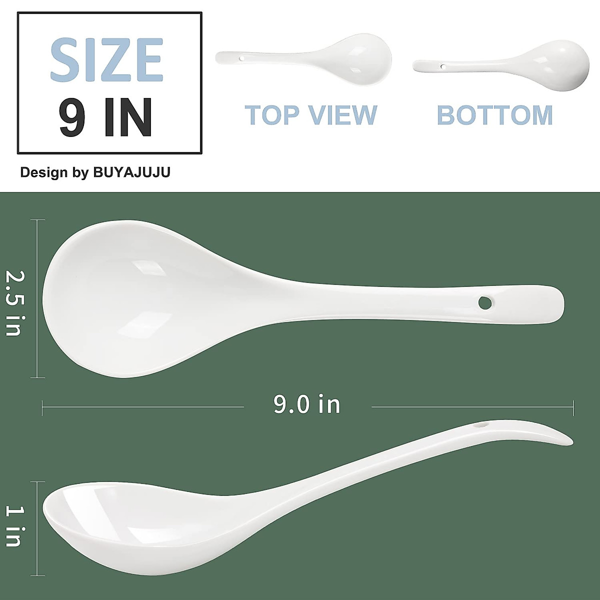 Buyajuju Porcelain Mini Size Ladles, 9 inch Large Soup Spoons, 6 Pieces Premium White Porcelain Spoons, Ladles for Stews, Chinese Noodles Spoons, Long Ladle Big Japanese Spoons