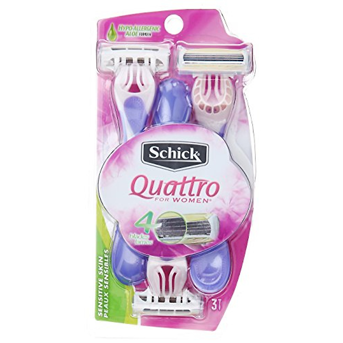 Schick Quattro Womens Disposable Razors for Sensitive Skin, 3 Count, Pack of 2