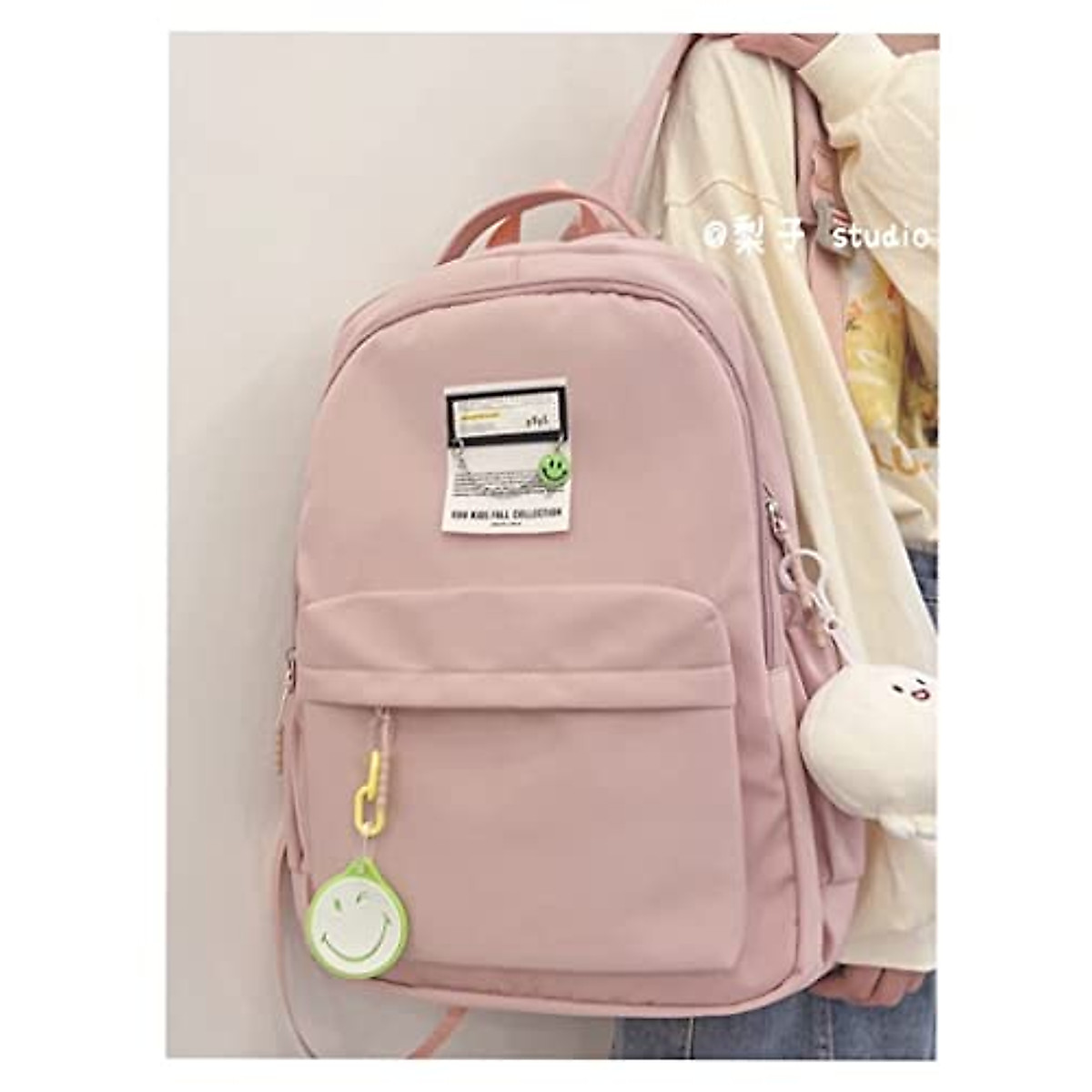 JHTPSLR Preppy Backpack Smiley Face Solid Preppy Aesthetic Backpack with Accessories Teen Girls Back to School Supplies (Pink)