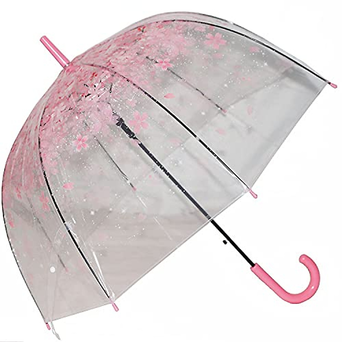 Kung Fu Smith Pink Flower Clear Bubble Umbrella for Kids Girls and Women, Auto Open Cherry Blossom Stick Rain Umbrella