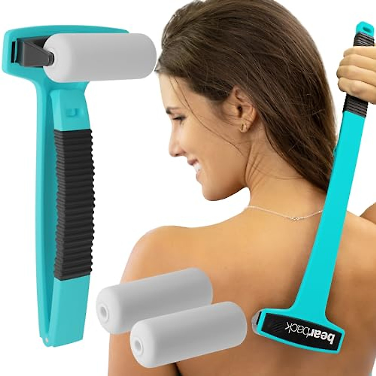 bearback Lotion Applicator for Back & Body – Premium Long Folding Handle with 2 Rollers – Apply Self-Tanner, Lotion, Medication – American Small Business (Teal)
