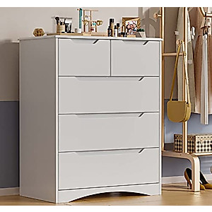Gizoon 5 Drawers Chest, White Bedroom Drawer Dresser and Organizer with Large Storage Capacity, Embedded Handle, and Sturdy Anti-tripping Device, Modern Design Cabinet for Hallway, Office, Living Room