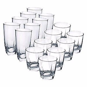 Luminarc 16 Piece Ascot Tumbler Set, 8-16.5 Ounce Coolers & 8-13 Ounce Double Old Fashioned Glasses, Mixed, Clear