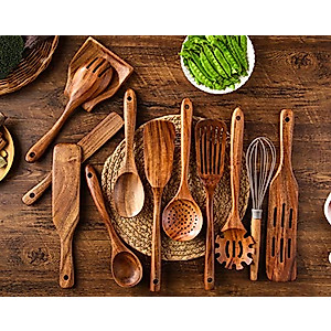 Kitchen Utensils Set, NAYAHOSE 11 Pcs Teak Wood Cooking Utensils Spoons Spatulas Spurtles Kit Non-stick Natural Kitchen Tools for Cooking