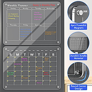 Acrylic Magnetic Calendar for Fridge, Polegas 16"X12" Clear Refrigerator Calendar, Dry Erase Fridge Calendar Whiteboard, Small Monthly Planner Schedule Board with 8 Markers Eraser