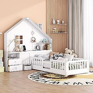BOVZA Wooden House Montessori Floor Twin Bed for Kids with Window and Bedside Drawers, Platform Bed with Shelves and a Set of Sockets and USB Port, White