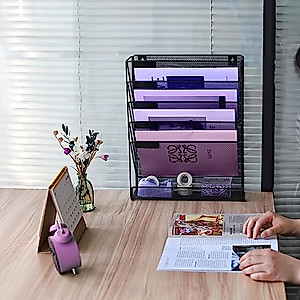 HMXLJJY 6 Tier Mesh Wall File Organizer,Vertical File Organizer,Hanging Folder Organizer Wall Mount with Flat Tray,Mail Organizer for Papers,Folders,Files Clipboard & Magazine Organization for Office,Home(Black)