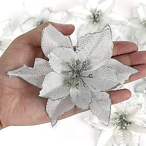 Christmas Glitter Flower Ornaments,Jchen 16Pcs Glitter Bling Christmas Tree Ornaments Artificial Christmas Flowers Christmas Tree Decoration Flower for Christmas Home Party Wedding Decor (Silver)