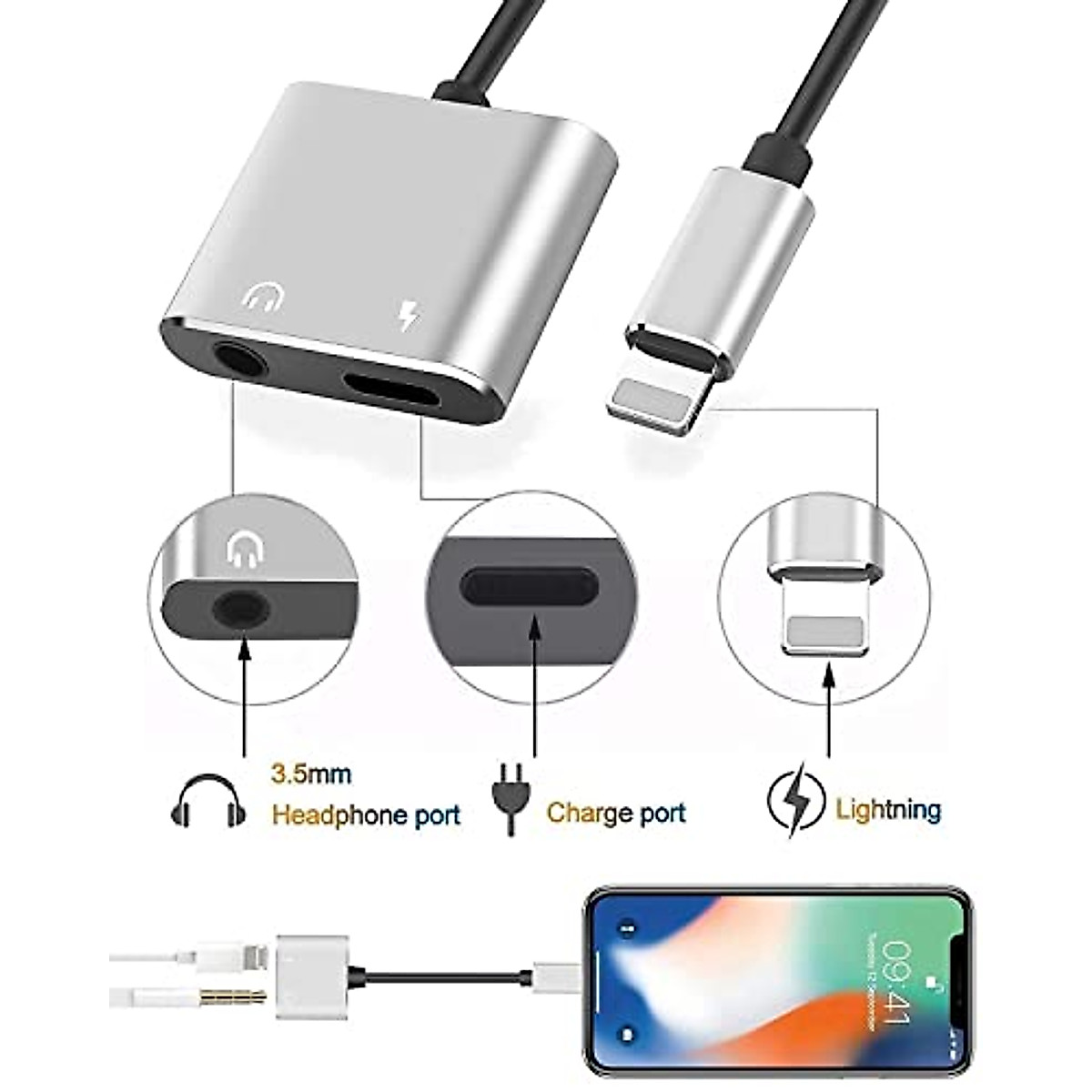2 Pack Headphone Adapter for iPhone, [Apple MFi Certified] 2 in 1 Lightning to 3.5mm AUX Audio + Charger Splitter Adaptor Compatible with iPhone 14/13/12/11/XS/XR/X/8/7/iPad, Support All iOS System
