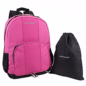 Eastsport Classic Backpack with Inner Tech Pocket, Bottom Shoe Compartment and Drawstring Bag, Pink