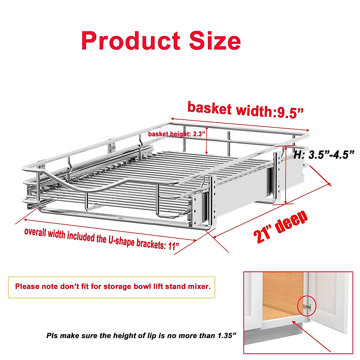 DINDON 1 Tier Pull Out Cabinet Organizer (11" W x 21" D) Heavy-Duty Metal Sliding Drawer Shelf, Slide Out Wire Basket for Kitchen Cabinets, Pantry, Bathroom, Chrome Finish…
