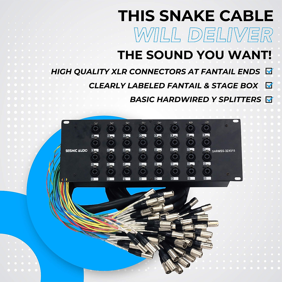 Seismic Audio Speakers Rack Mount 32 Channel XLR TRS Combo Splitter Snake Cable, 5’ And 15’ XLR Trunks, 32 Channel Splitter