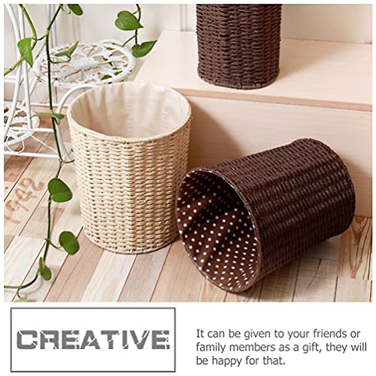 Zerodeko Woven Baskets Rattan Trash Can Wicker Waste Basket Woven Wastebasket Rustic Farmhouse Laundry Storage Basket Bin for Living Room Bedroom Bohemian Decor Beige Wicker Hamper