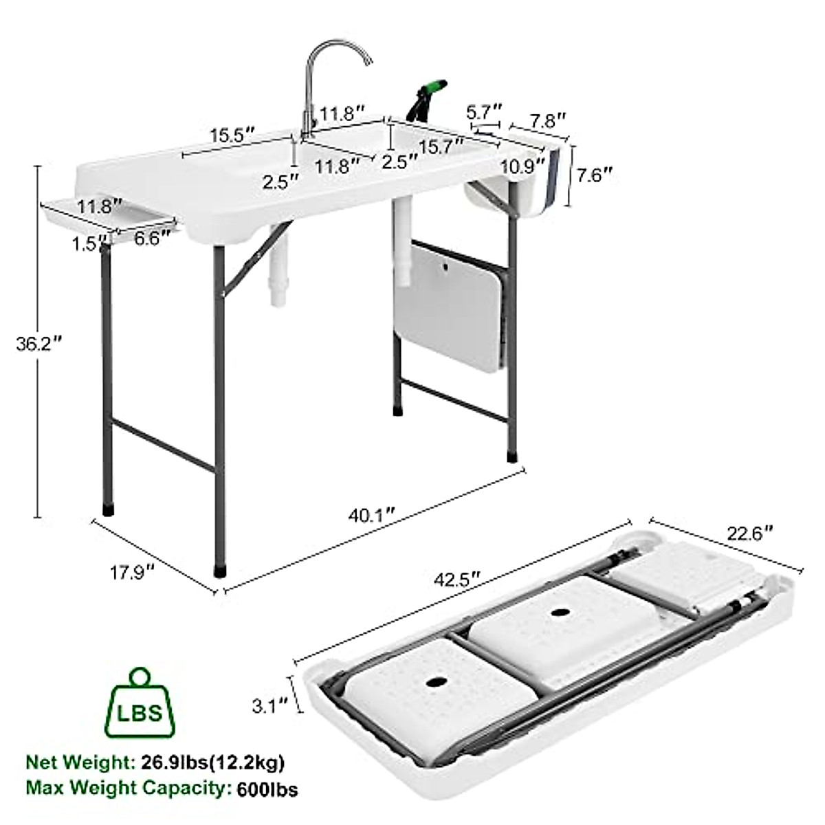 Allpop Folding Fish Cleaning Table with 2 Sinks, 42.5’’ Portable Camping Fish Fillet Station with Faucet, Spray Nozzle, Drain Hose, Storage Box, Built-in Drawer& Knife Groove for Picnic, White