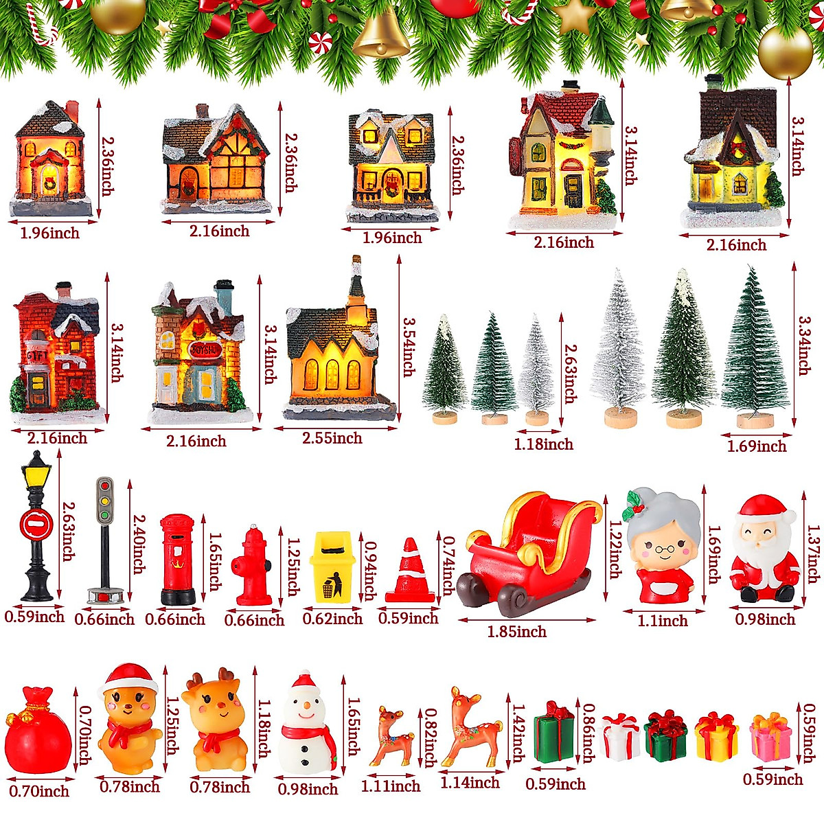 Liliful 40 Pcs Christmas Village Sets Lighted LED Christmas Village Houses with Figurines Resin Xmas Scene Figurines Christmas Collectible Buildings Miniature Christmas Town Scene Desktop Decor