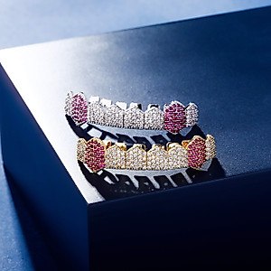 JINAO Silver Bottom 8 Teeth Grillz for Your Teeth 18K Gold Plated Iced Out Cubic Zirconia Fake Diamond Hip Hop Mouth Grill for Women Men(White Gold Pink)