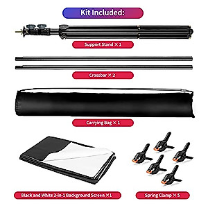 YAYOYA Black White Backdrop Screen with Stand Kit 5x6.5ft for Photo Video Studio, 2-in-1 Revisible Black Backdrop White Screen with T-Shaped Photography Background Support Stand and 5 Backdrop Clamps
