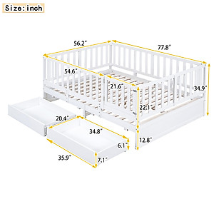 Wood Full Size Daybed with Fence Guardrails and 2 Drawers, Used as Independent Floor Bed & Daybed,for Kids Toddler Teens Adults Bedroom Use (White@Fence/, Full)