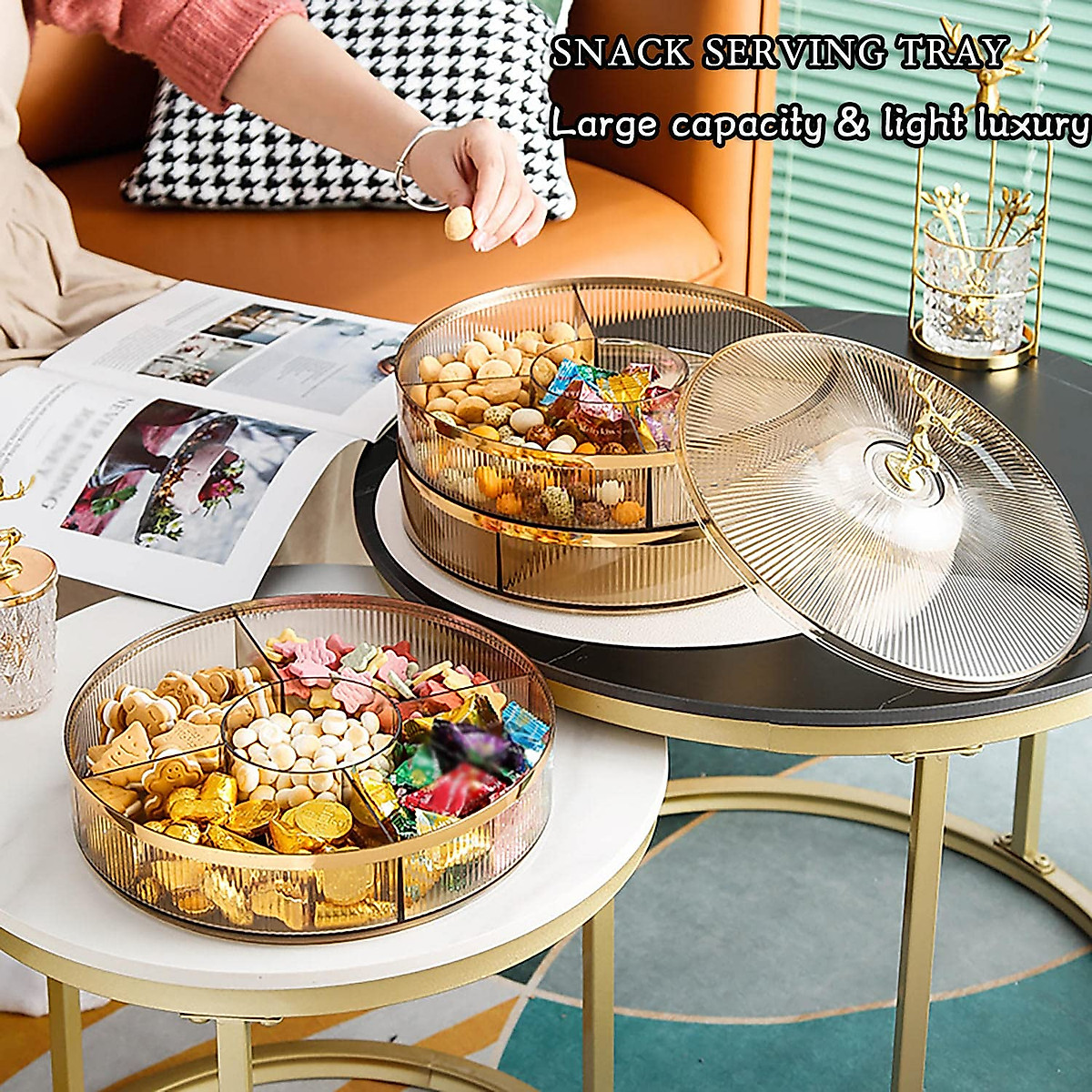 WMGoods Large Capacity Acrylic Serving Tray with 5 Compartments, Amber, 20"