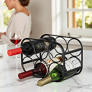 Buruis 6 Bottle Countertop Wine Rack - Wine Holder for Red White Wine Storage - Freestanding Metal Wine Rack - Modern Tabletop Bottle Holder - Black