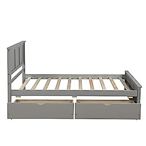 P PURLOVE Twin Size Platform Bed with Two Drawers, Twin Size Storage Bed Frame,Wood Platform Bed with Headboard with Slat Support, No Box Spring Need,Gray