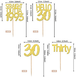 36PCS Happy 30th Birthday Cupcake Toppers Gold Glitter Thirty Hello 30 Straight Outta 1993 Cupcake Picks for Cheers to 30 Years Birthday Wedding Anniversary Party Cake Decorations Supplies