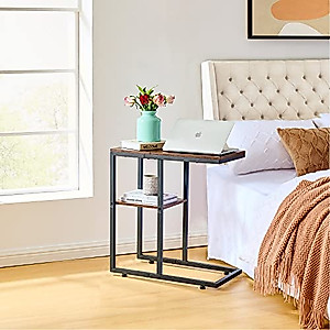 Hoctieon C Shaped End Table, Slim Side Table, Small End Table with Wheels, Snack Side Table with Storage, Sofa Table, for Living Room, Sofa, Couch, Bedroom, Vintage, Rustic Brown