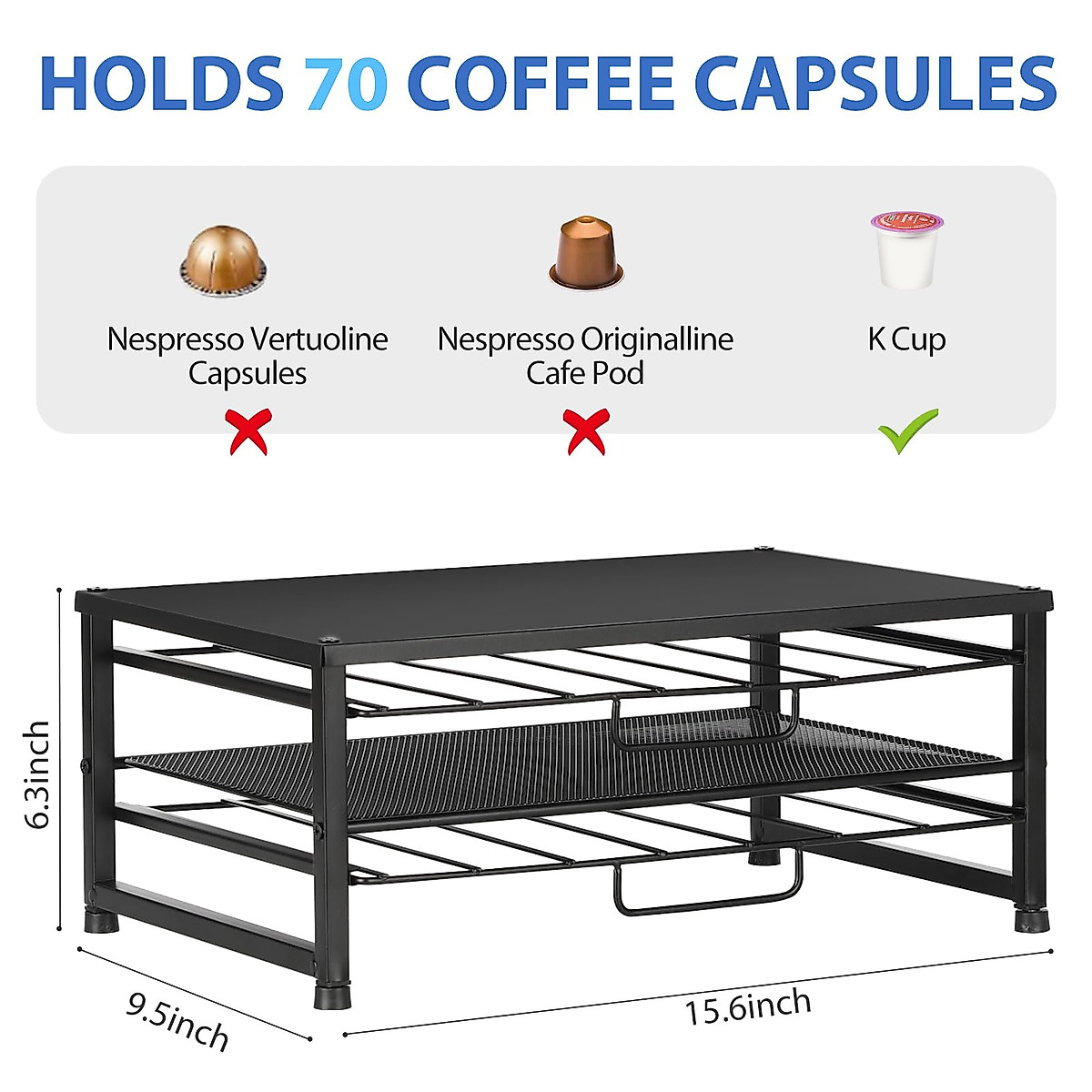 ECOLOVI K Cup Holder Organizer for 70 Pods, 2-Tier Coffee Pod Holder for K-Cup with 2 Sliding Storage Drawers, Coffee Station Bar Organizer for Kitchen Countertop, Home & Office, Frosted Black