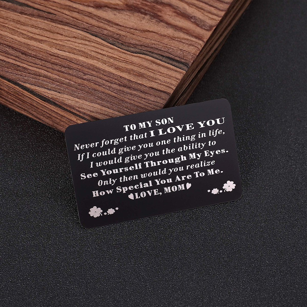 Personalized Engraved Message Wallet Card Inserts Customized for Son from Mom - I Love You - Birthday Christmas Graduation Deployment - Unique Custom Metal Cards for Him from Mother