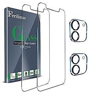 Ferilinso [4 Pack 2 Pack Screen Protector for iPhone 12 with 2 Pack Camera Lens Screen Protector [Tempered-Glass] [Military Protective] [HD Clear] [Case Friendly] [Anti-Fingerprint] [Anti-Scratch]
