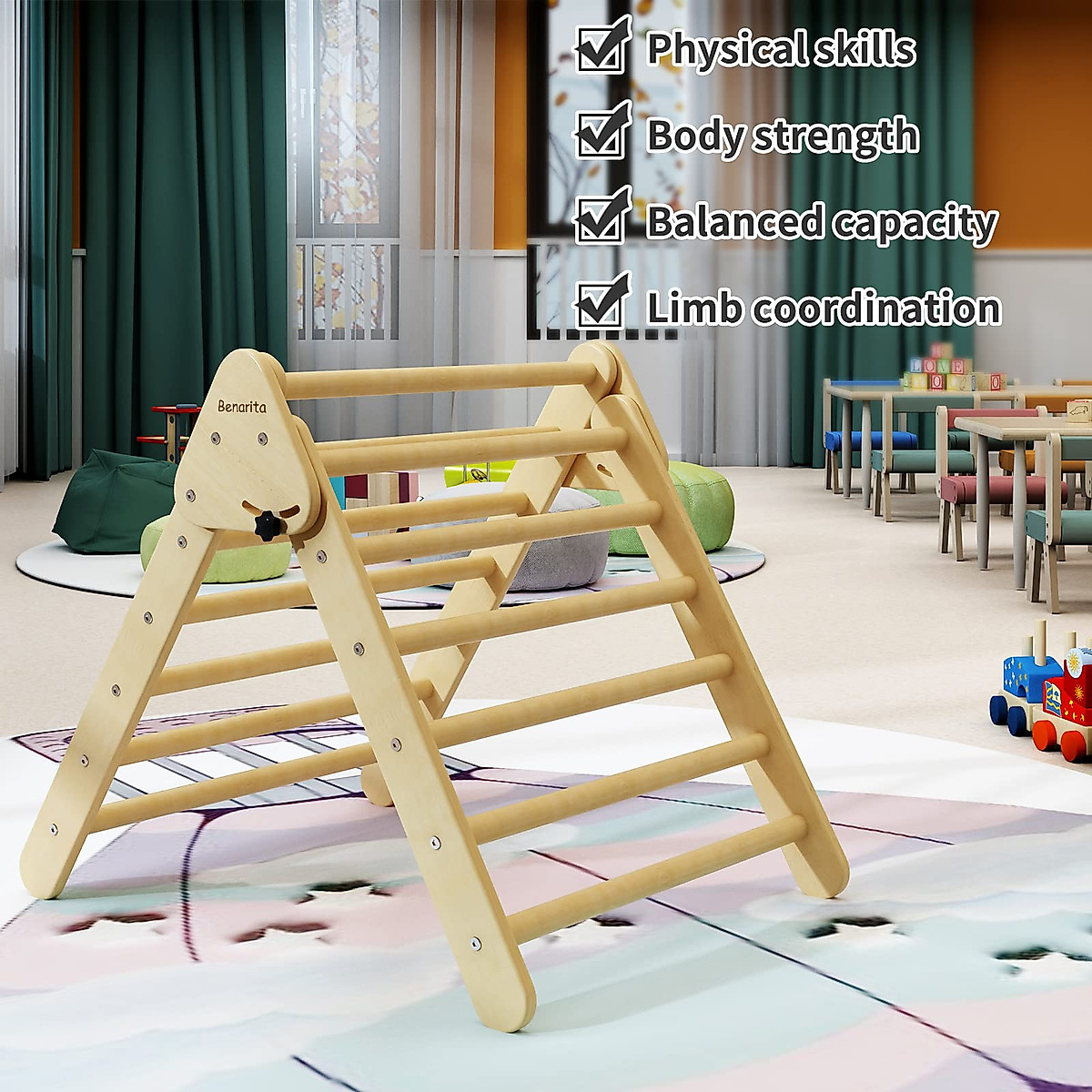 Benarita Large Size Pikler Triangle Foldable Wooden Climbing Triangle Ladder for Climbing Indoor Kids Play Gym Easy to Store Suitable for Toddlers Children Boys Girls
