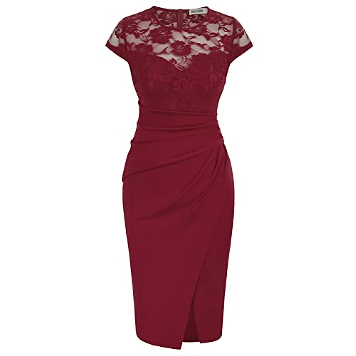 GRACE KARIN Women's Elegant Round Neck Wedding Guest Floral Lace Cocktail Party Dress Wine Red M