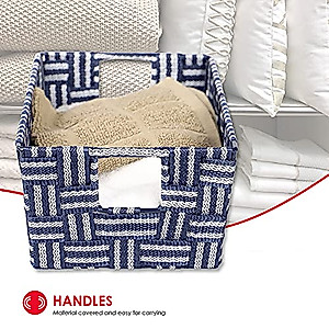 Home Basics Stripe Woven Strap Storage Bin | Various Black | Blue | Brown | Grey | Great for Storage | Metal Frame | Lightweight with Handles | Sturdy Construction (Blue, Small)