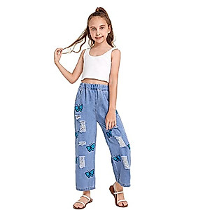 WDIRARA Girl's Butterfly Print Elastic Waist Wide Leg Ripped Jeans Denim Pants Blue 140