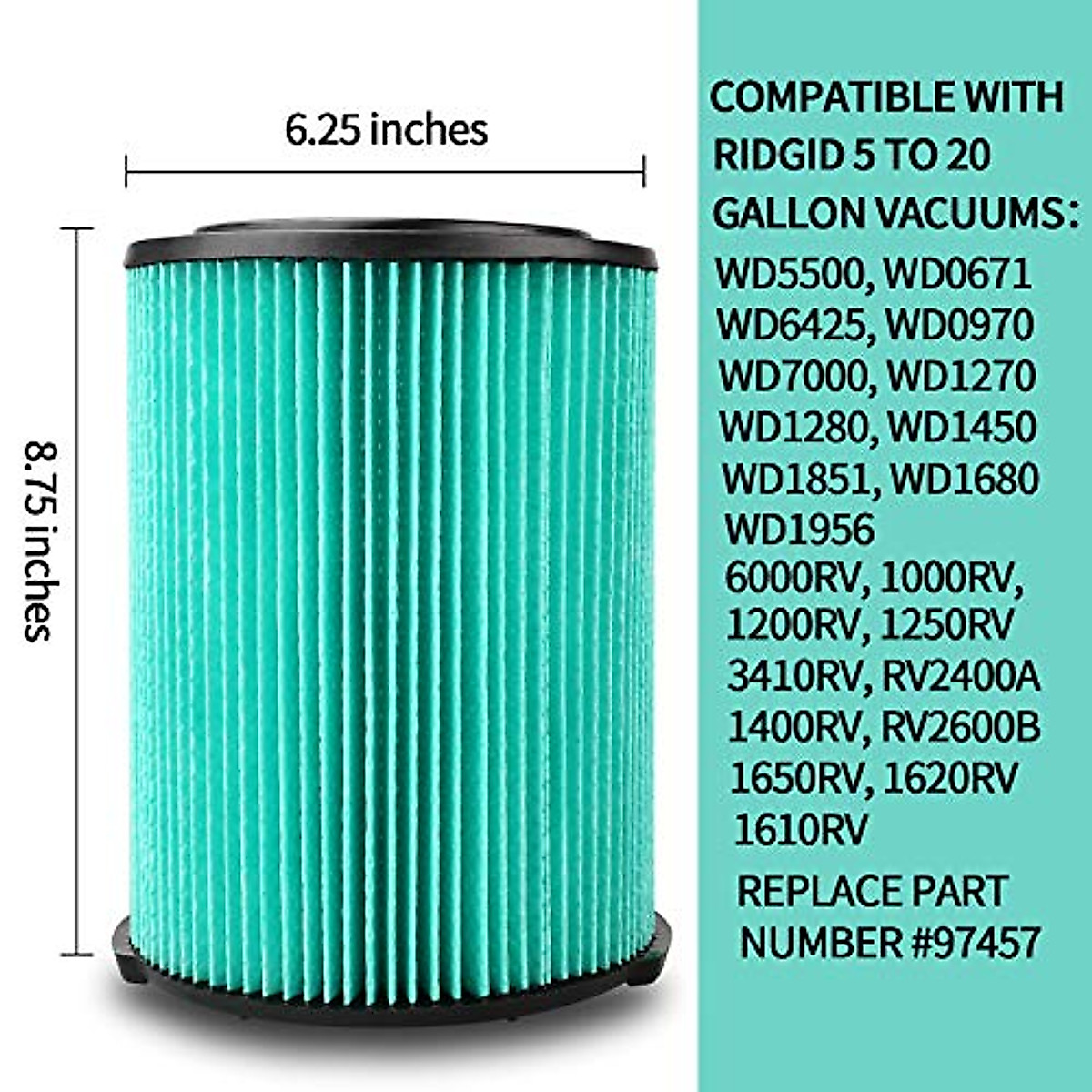 PIGUOAT VF6000 5-Layer Replacement Filter for Ridgid 5-20 Gallon Wet Dry Vac Vacuums WD5500 WD0671 WD6425 WD7000 WD1280 WD1851 WD1680 WD1956 RV2400A 1400RV RV2600B, Fit for Husky 6-9 Gallon Vacs
