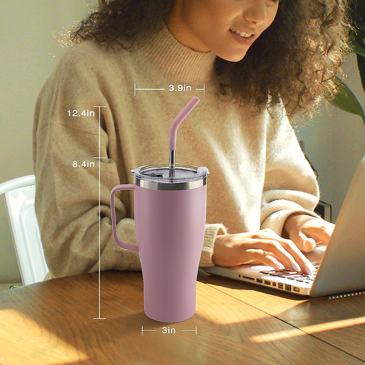 Zukro 32 oz Tumbler with Handle and Straw, No Sweat Double Wall Insulated Stainless Steel Cup with 2 Lids, Leakproof Travel Mug, Keep Drinks Cold 24 Hrs, Dishwasher Safe, Fit in Cup Holder, Pink