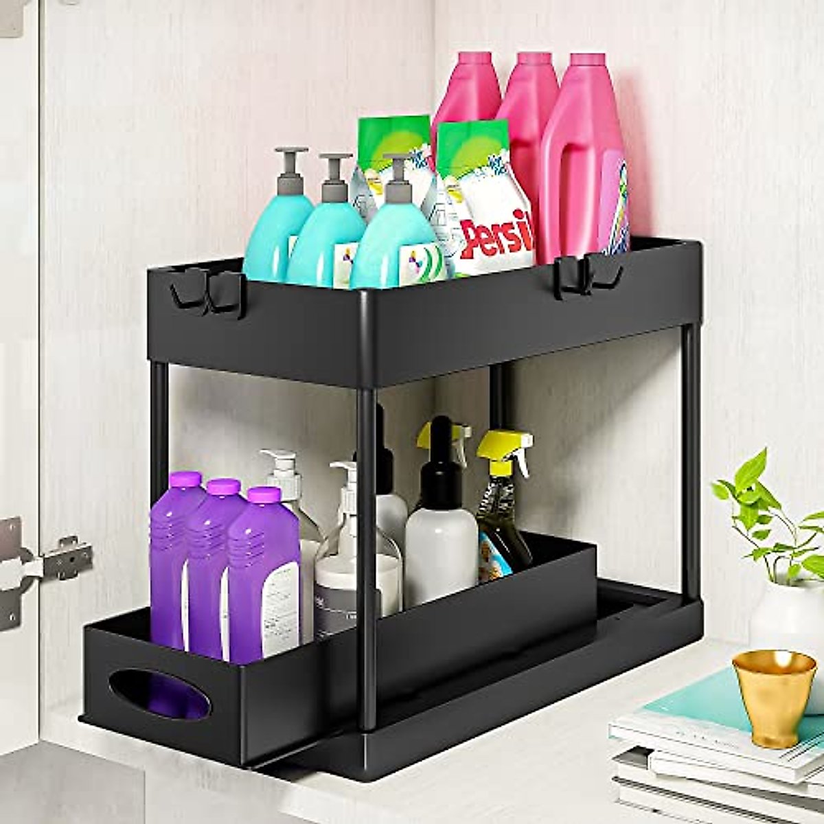 KMIGRUAN Under Sink Organizers and Storage,2 Tier Kitchen and Bathroom Organizer Under Sink Shelf，Multi-function with Hook Under Cabinet Organizer